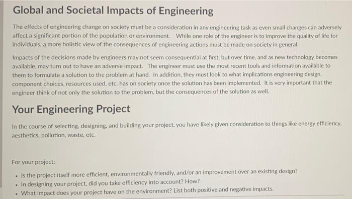 Global and Societal Impacts of Engineering The | Chegg.com