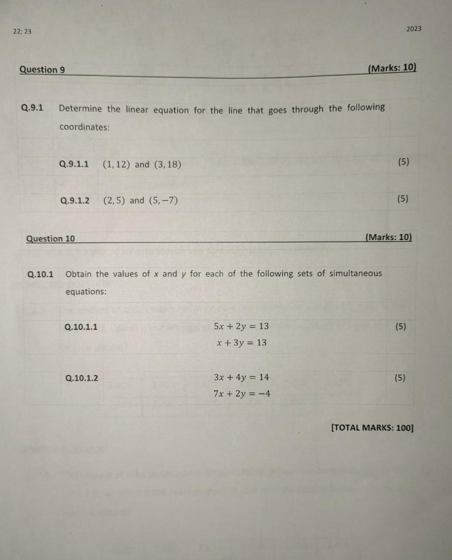 Solved Q.9.1 Determine the linear equation for the line that | Chegg.com