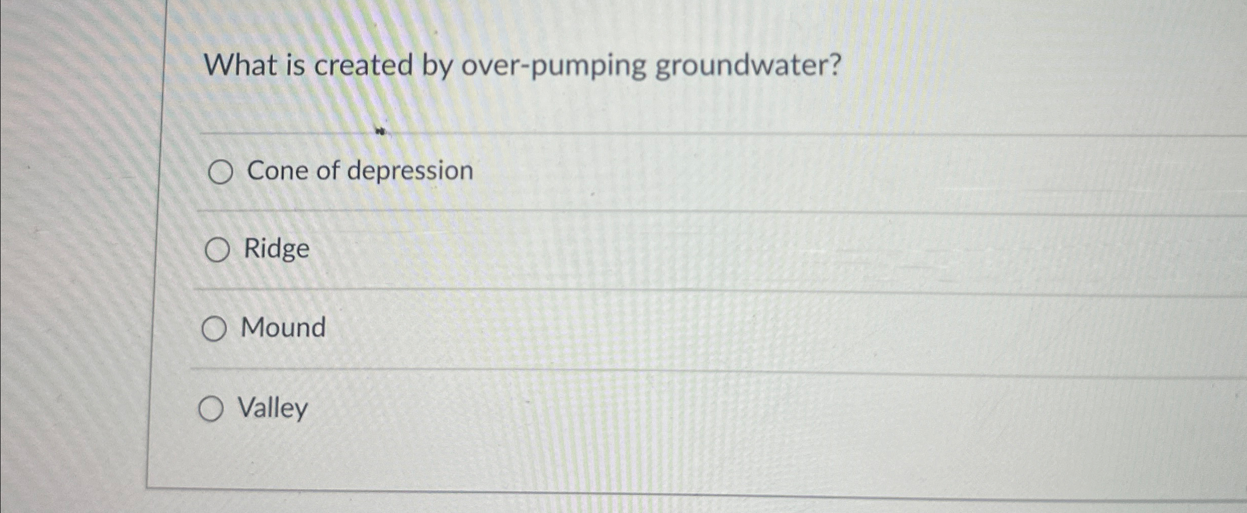 Solved What is created by over-pumping groundwater?Cone of | Chegg.com