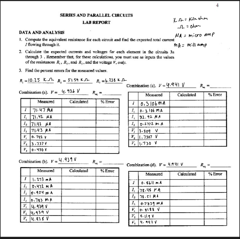SERIES AND PARALLEL CIRCUITSLAB REPORTkΩ= ﻿kila ohm | Chegg.com