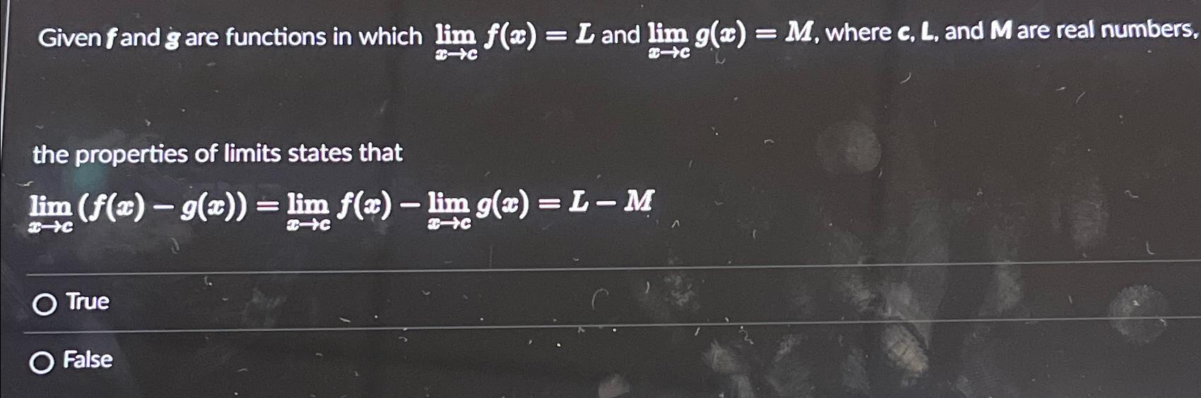 Solved Given f ﻿and g ﻿are functions in which limx→cf(x)=I | Chegg.com