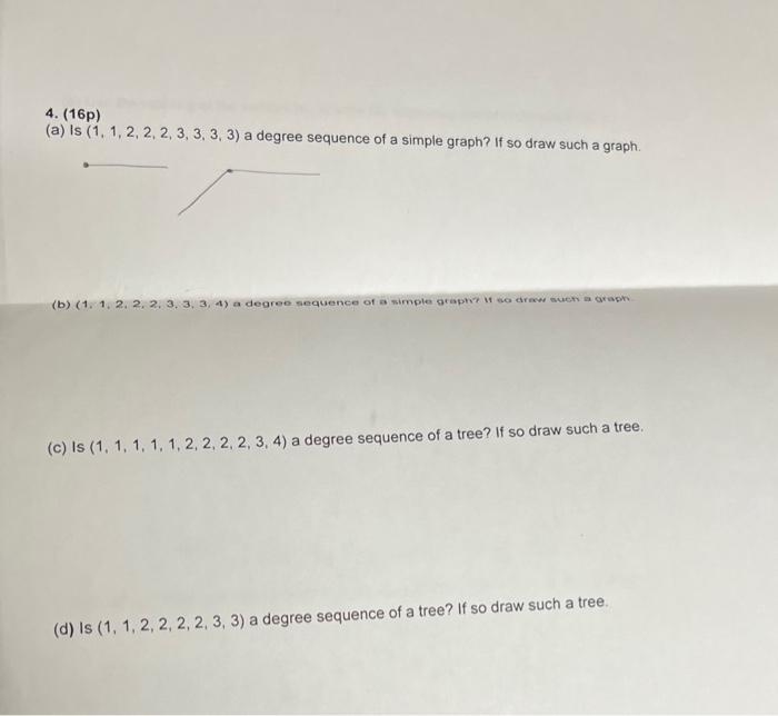 Solved 4. (16p) (a) Is (1,1,2,2,2,3,3,3,3) a degree sequence | Chegg.com