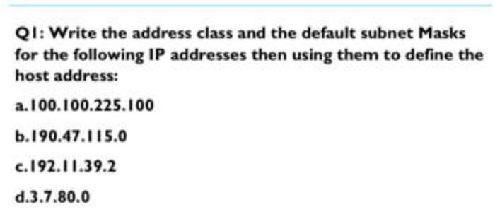 Solved QI: Write the address class and the default subnet | Chegg.com