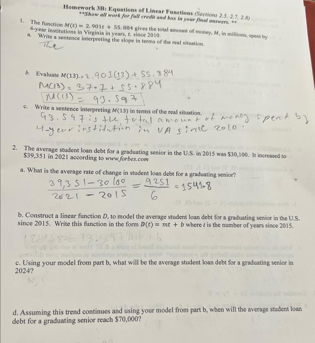 Solved Homework 3B: Equations of Linear Functions (Sections | Chegg.com