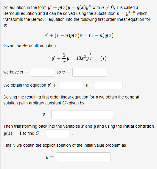 Solved An equation in the form y'+p(x)y=q(x)yn ﻿with n≠0,1 | Chegg.com