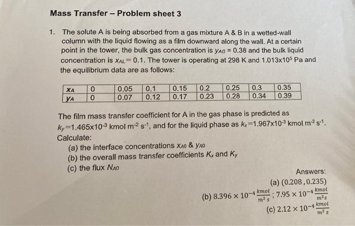 Solved Mass Transfer - Problem sheet 3 1. The solute A is | Chegg.com