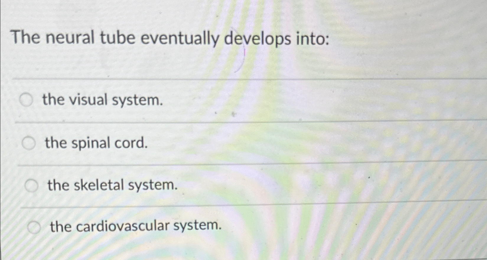 Solved The neural tube eventually develops into:the visual | Chegg.com