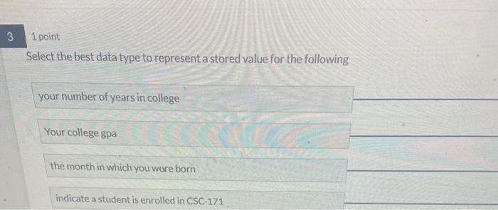 Solved 1 point Select the best data type to represent a | Chegg.com