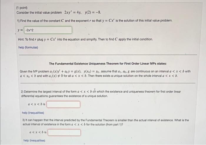 Solved (1 point) Consider the initial value problem 2xy' = | Chegg.com