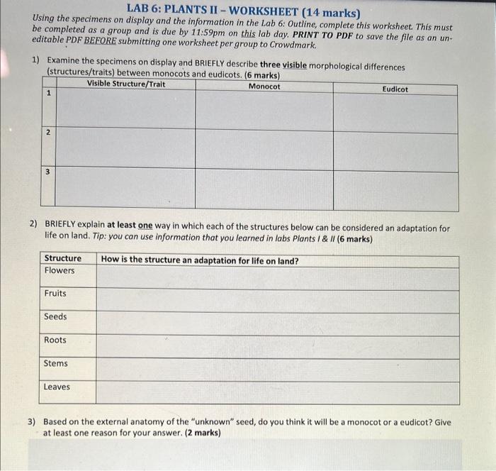 Solved LAB 6: PLANTS II - WORKSHEET (14 marks) Using the | Chegg.com