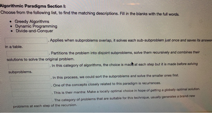 Solved Algorithmic Paradigms Section 1: Choose from the | Chegg.com