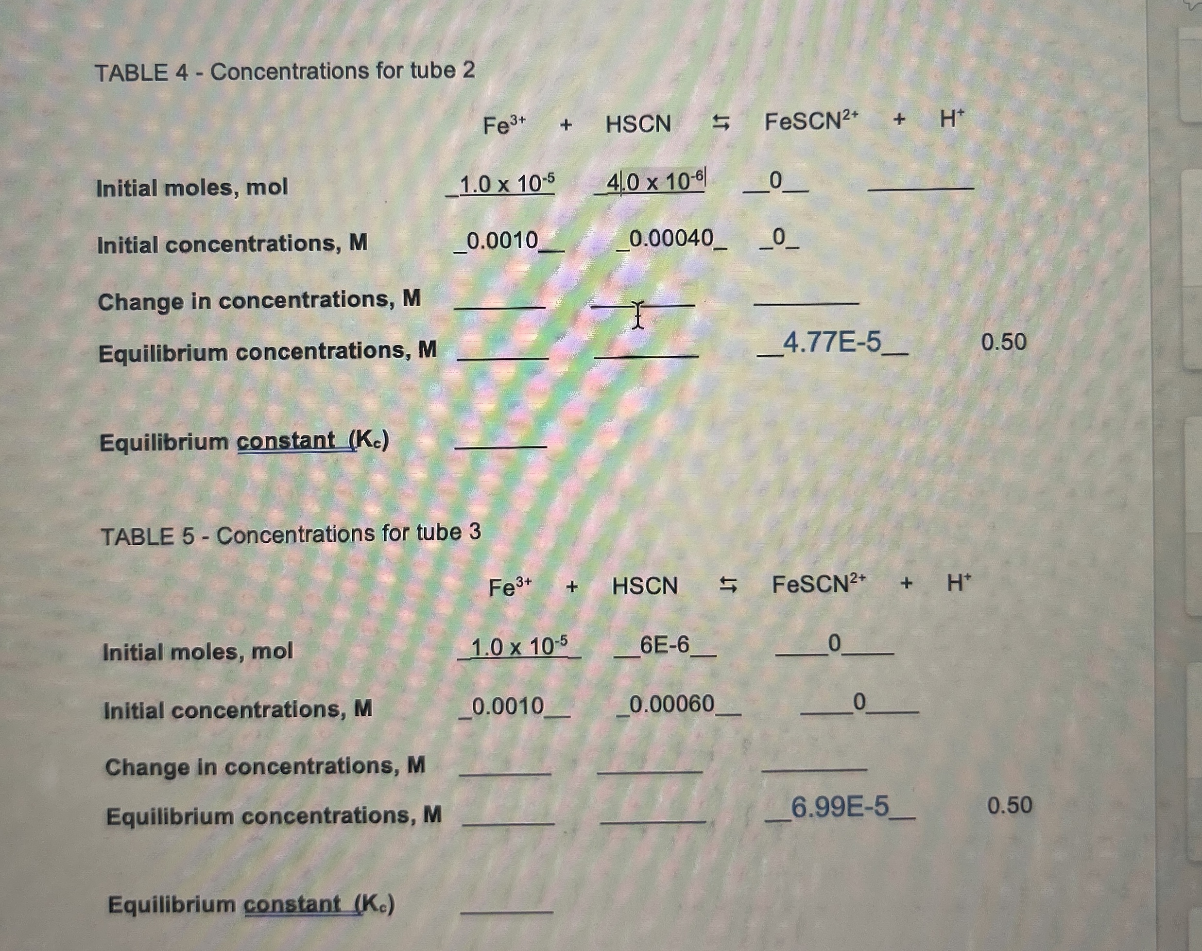 Solved TABLE 4 - ﻿Concentrations for tube 2\table[[Initial | Chegg.com