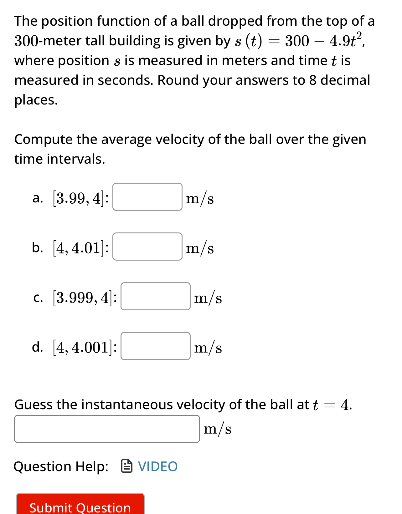 Solved The position function of a ball dropped from the top | Chegg.com