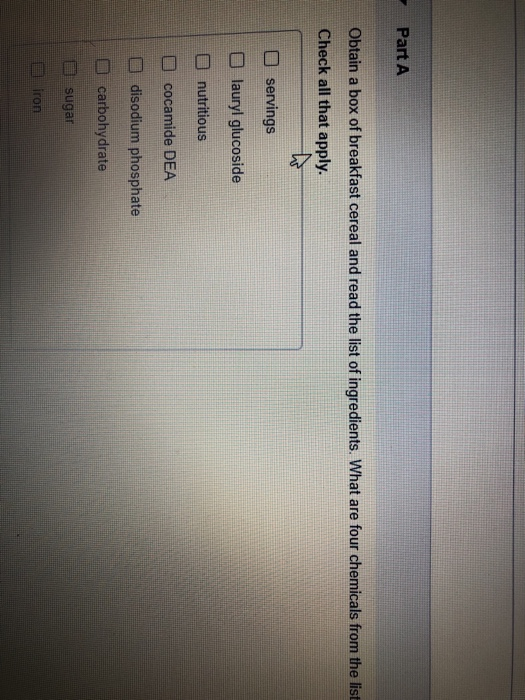 Solved Part A Obtain a box of breakfast cereal and read the | Chegg.com