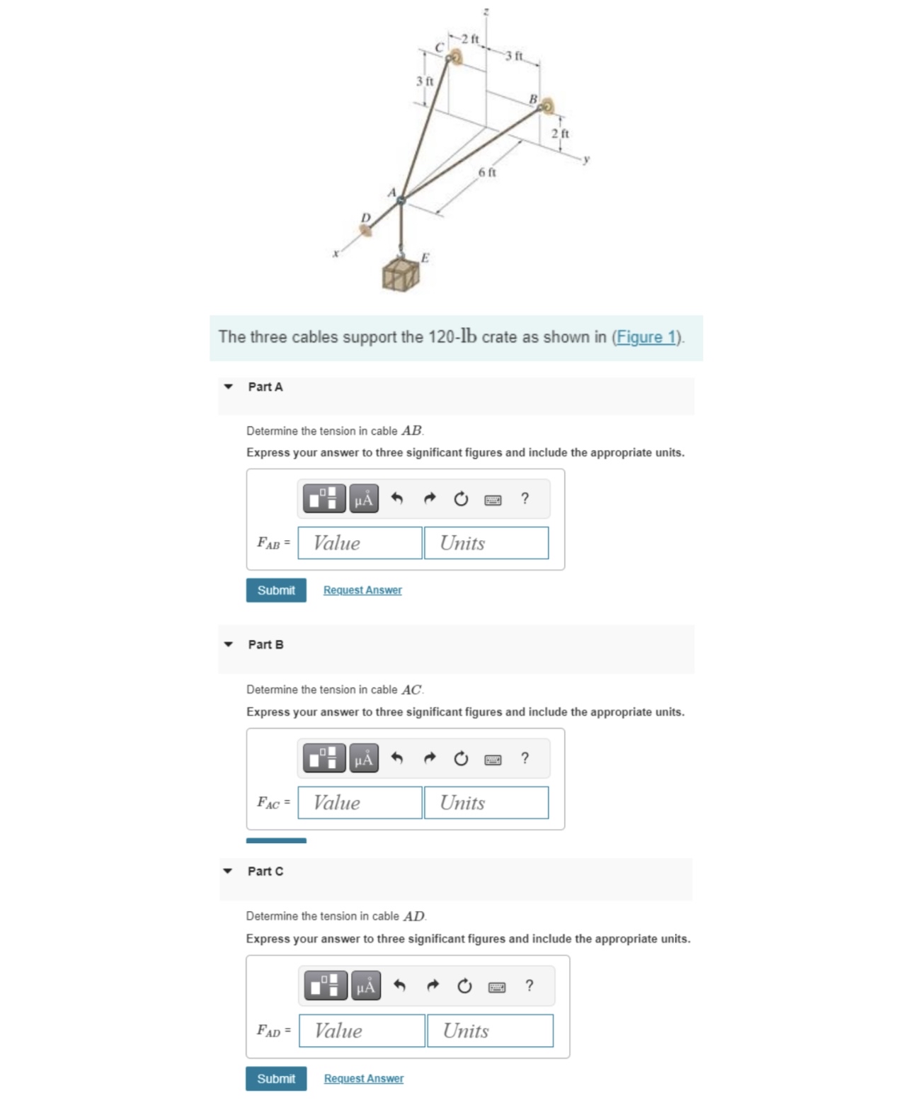 Solved The three cables support the 120-lb ﻿crate as shown | Chegg.com