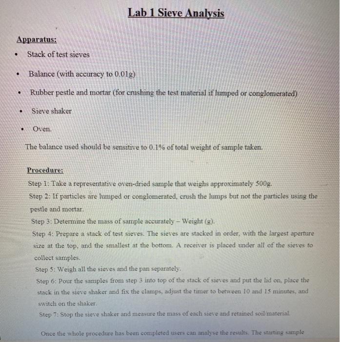 Solved Lab 1 Sieve Analysis Apparatus: Stack of test sieves | Chegg.com