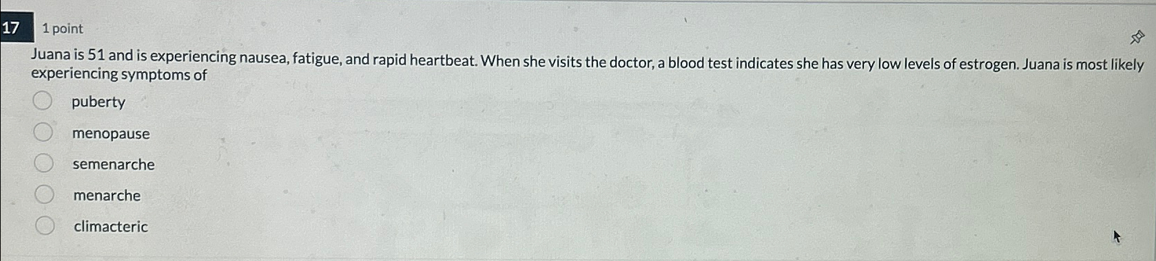 Solved 171 ﻿pointJuana is 51 ﻿and is experiencing nausea, | Chegg.com