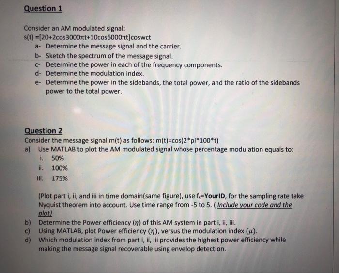 Consider an AM modulated signal: | Chegg.com