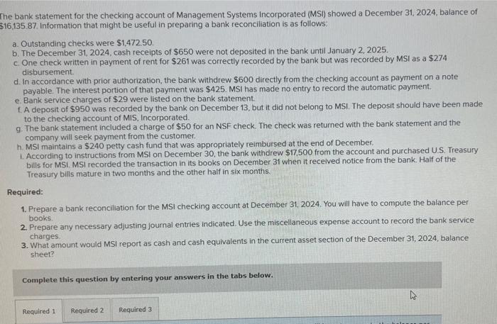 Solved he bank statement for the checking account of | Chegg.com