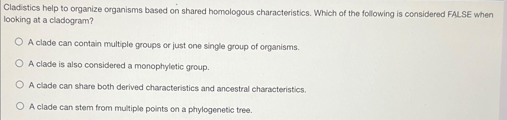 Solved Cladistics help to organize organisms based on shared | Chegg.com