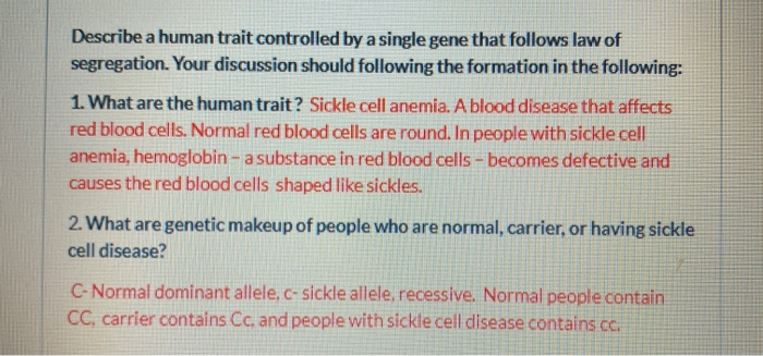 Solved Describe a human trait controlled by a single gene | Chegg.com