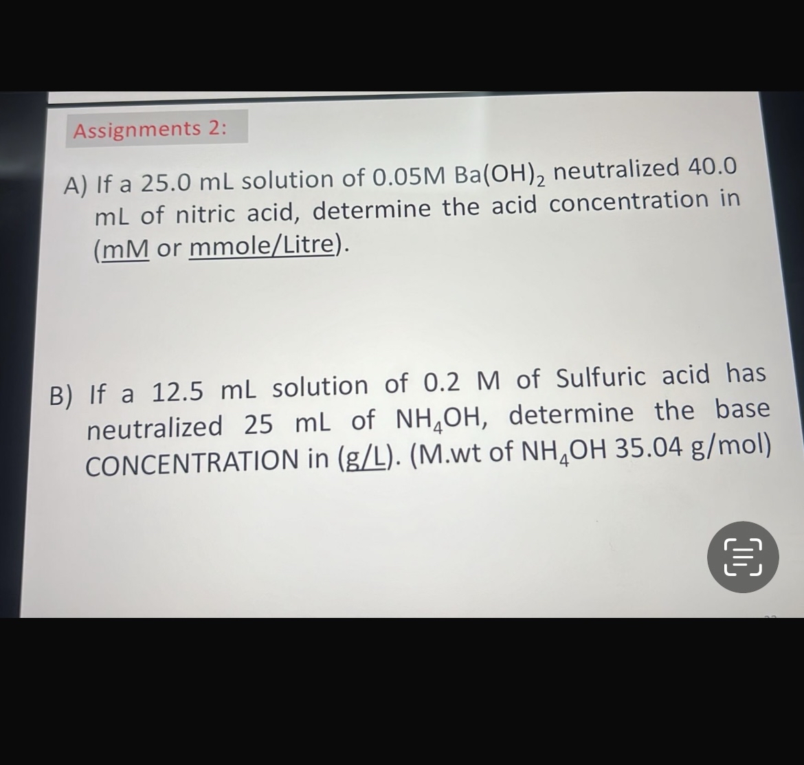 Solved Assignments 2:A) ﻿If a 25.0 ﻿mL solution of | Chegg.com