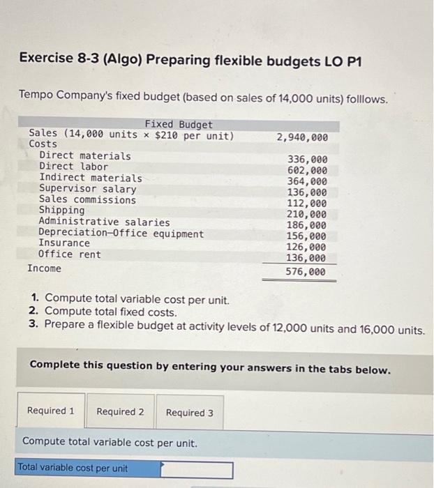 Solved Exercise 8-3 (Algo) Preparing flexible budgets LO P1 | Chegg.com Solved Exercise 8-3 (Algo) Preparing flexible budgets LO P1 | Chegg.com