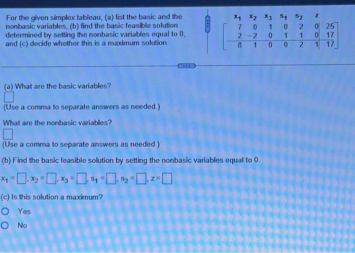 Solved For the given simplex tableau, (a) list the basic and | Chegg.com