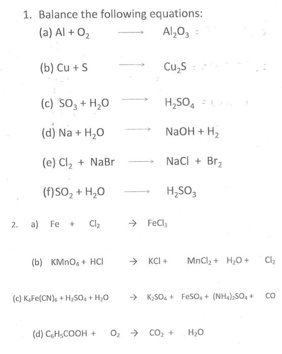 Solved (a) Al+O2 Al2O3= (b) Cu+S Cu2 S (c) SO3+H2O (d) | Chegg.com