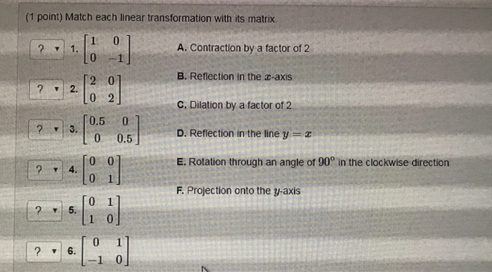 Solved (1 point) Match each linear transformation with its | Chegg.com