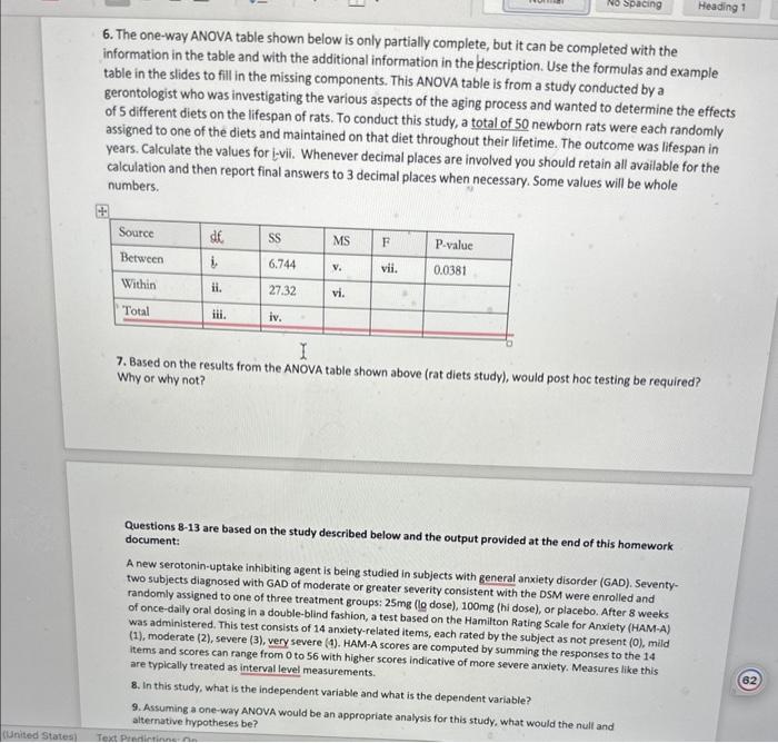 Solved 6. The one-way ANOVA table shown below is only | Chegg.com