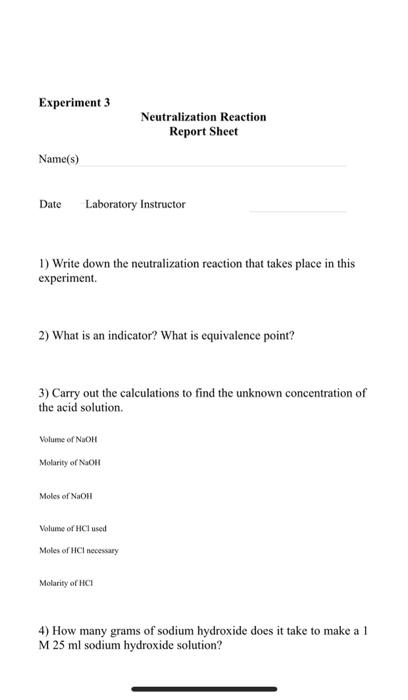CHEM 101 EXPERIMENT 3 NEUTRALIZATION REACTION Figure. | Chegg.com