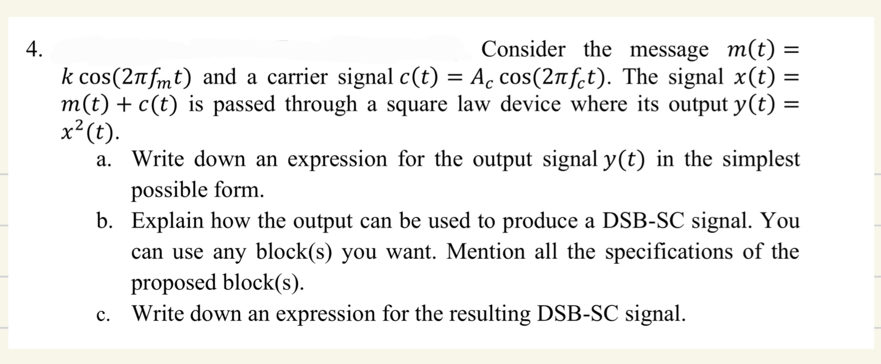 Consider the message m(t)= ﻿kcos(2πfmt) ﻿and a | Chegg.com