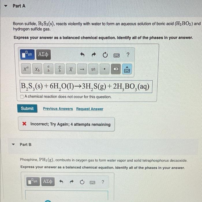 Solved Part A Boron sulfide, B2S3(s), reacts violently with | Chegg.com