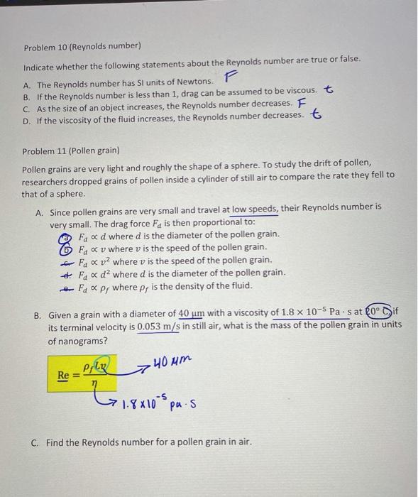 Solved Problem 10 (Reynolds number) Indicate whether the | Chegg.com