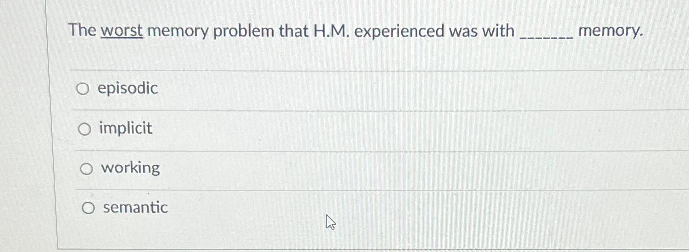Solved The worst memory problem that H.M. ﻿experienced was | Chegg.com