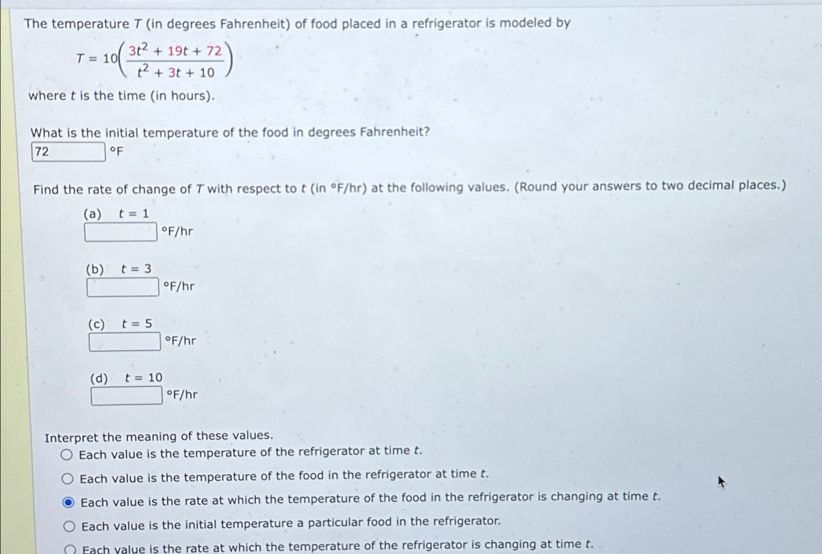 Solved The temperature T (in degrees Fahrenheit) ﻿of food | Chegg.com