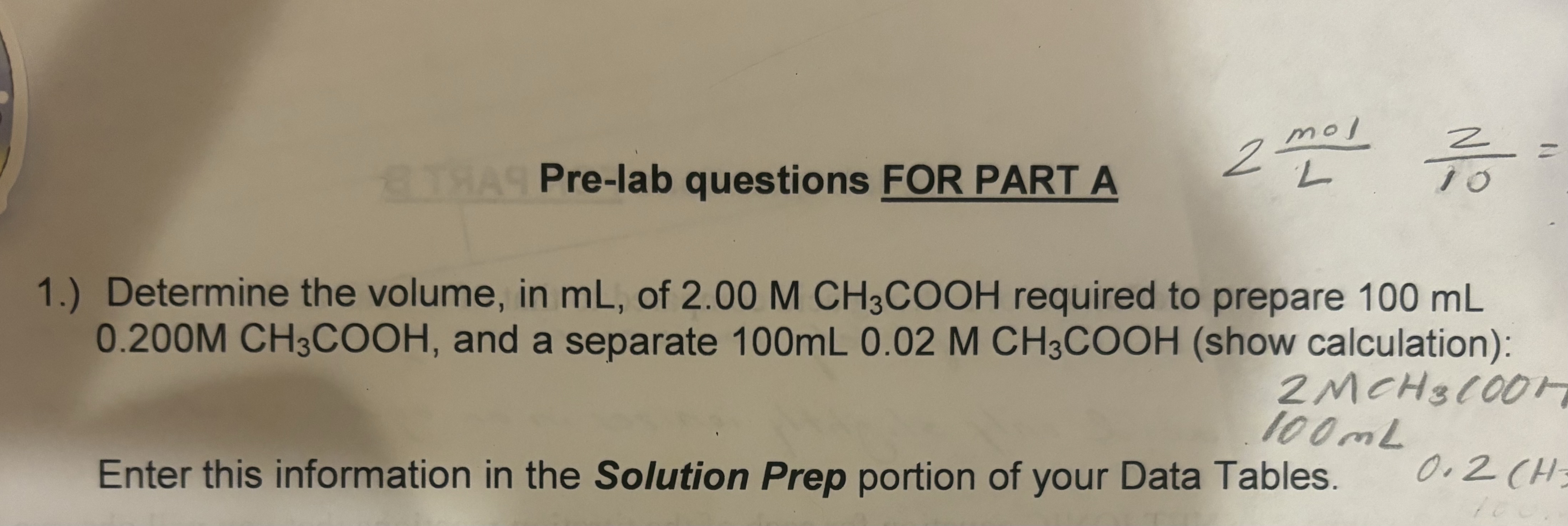 Solved Pre-lab questions FOR PART A ,2molL,210=1.) | Chegg.com