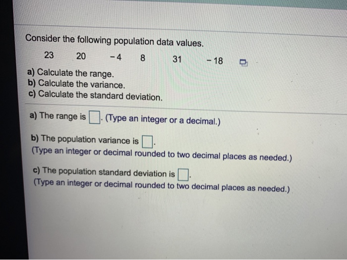 Solved Consider the following population data values. 23 20 | Chegg.com