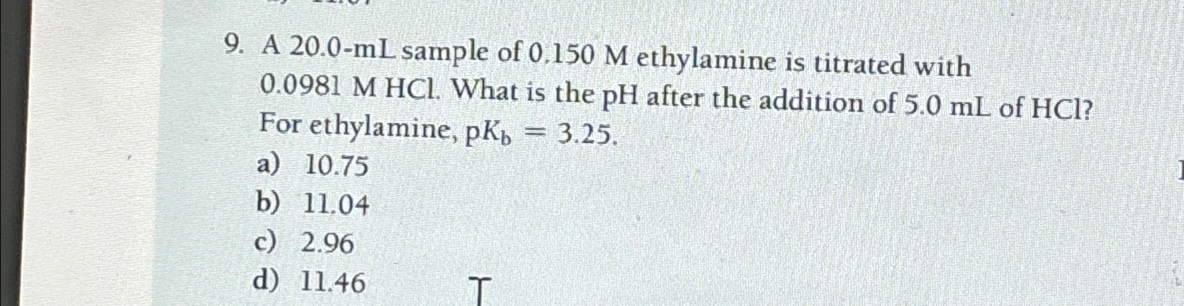 A 20.0-mL ﻿sample of 0.150M ﻿ethylamine is titrated | Chegg.com