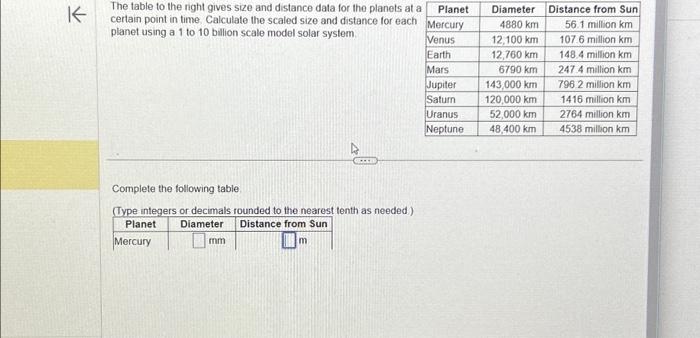 Solved K Planet The table to the right gives size and | Chegg.com