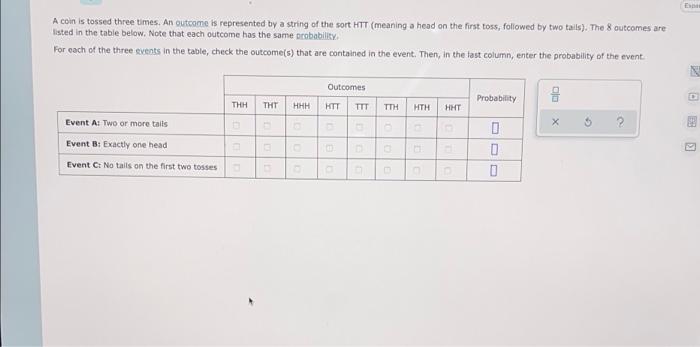 Solved A coin is tossed three times. An outcome is | Chegg.com