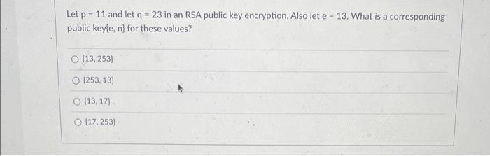 Solved Let p = 11 and let q = 23 in an RSA public key | Chegg.com