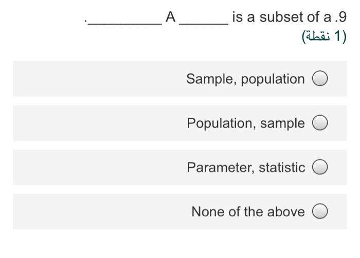 Solved A is a subset of a.9 (1 (1 نقطة) Sample, population o | Chegg.com