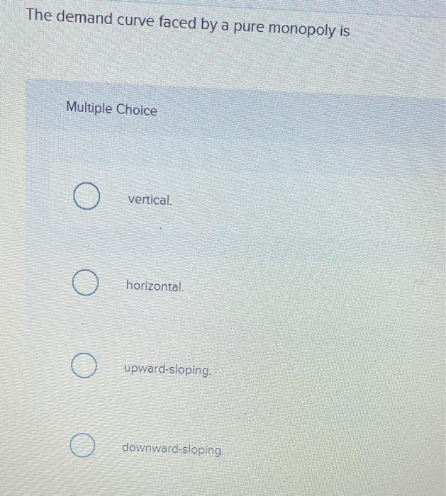 Solved The demand curve faced by a pure monopoly is Multiple | Chegg.com