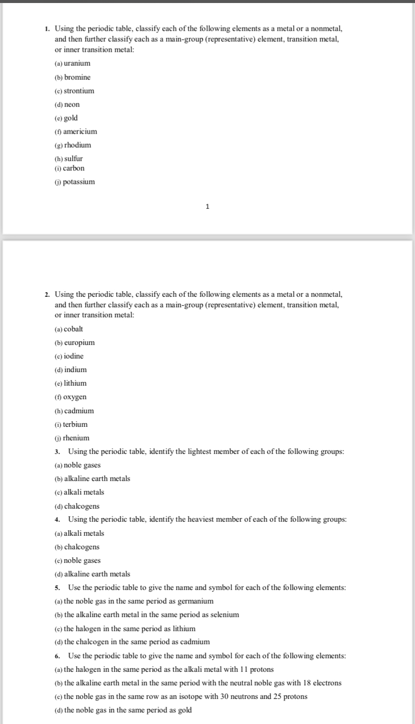 Solved Using the periodic table, classify each of the | Chegg.com