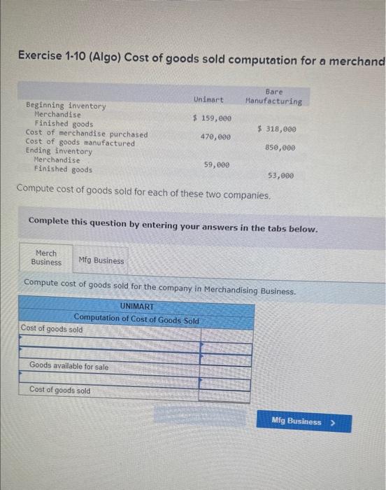 Solved Exercise 1-10 (Algo) Cost of goods sold computation | Chegg.com