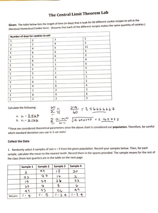 The Central Limit Theorem Lab Given: The table below | Chegg.com