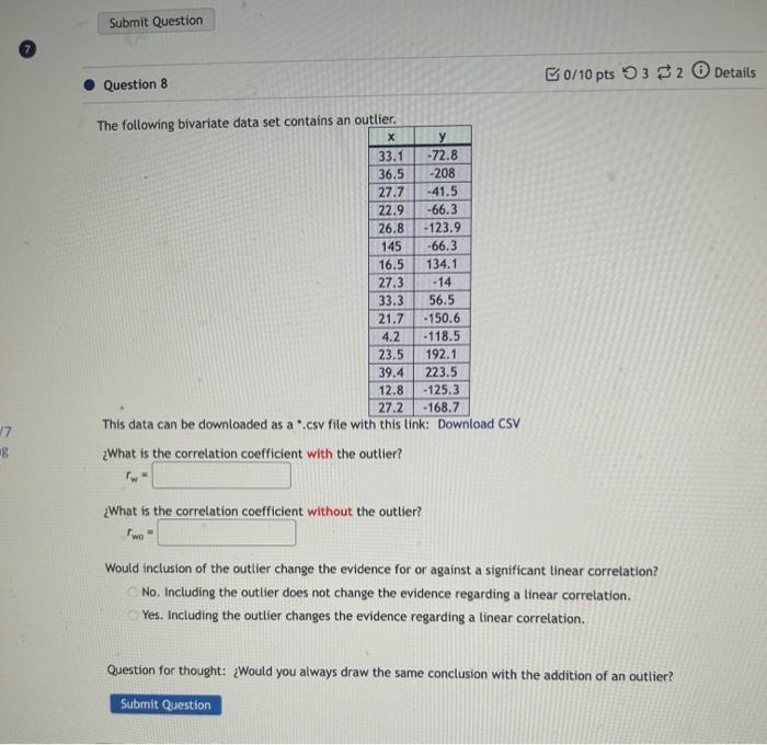 Solved The Following Bivariate Data Set Contains An This