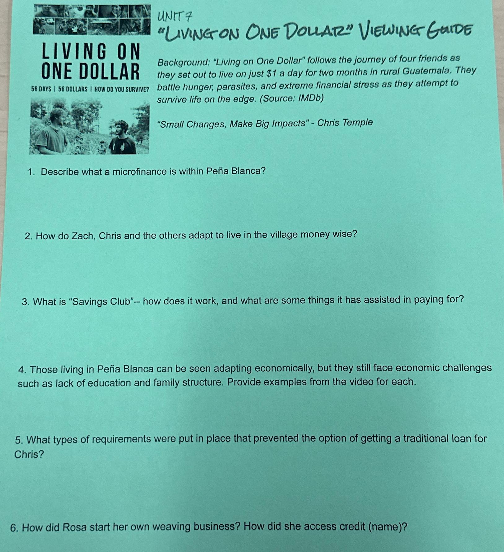 Living On One Dollar A Day Worksheet Answers
